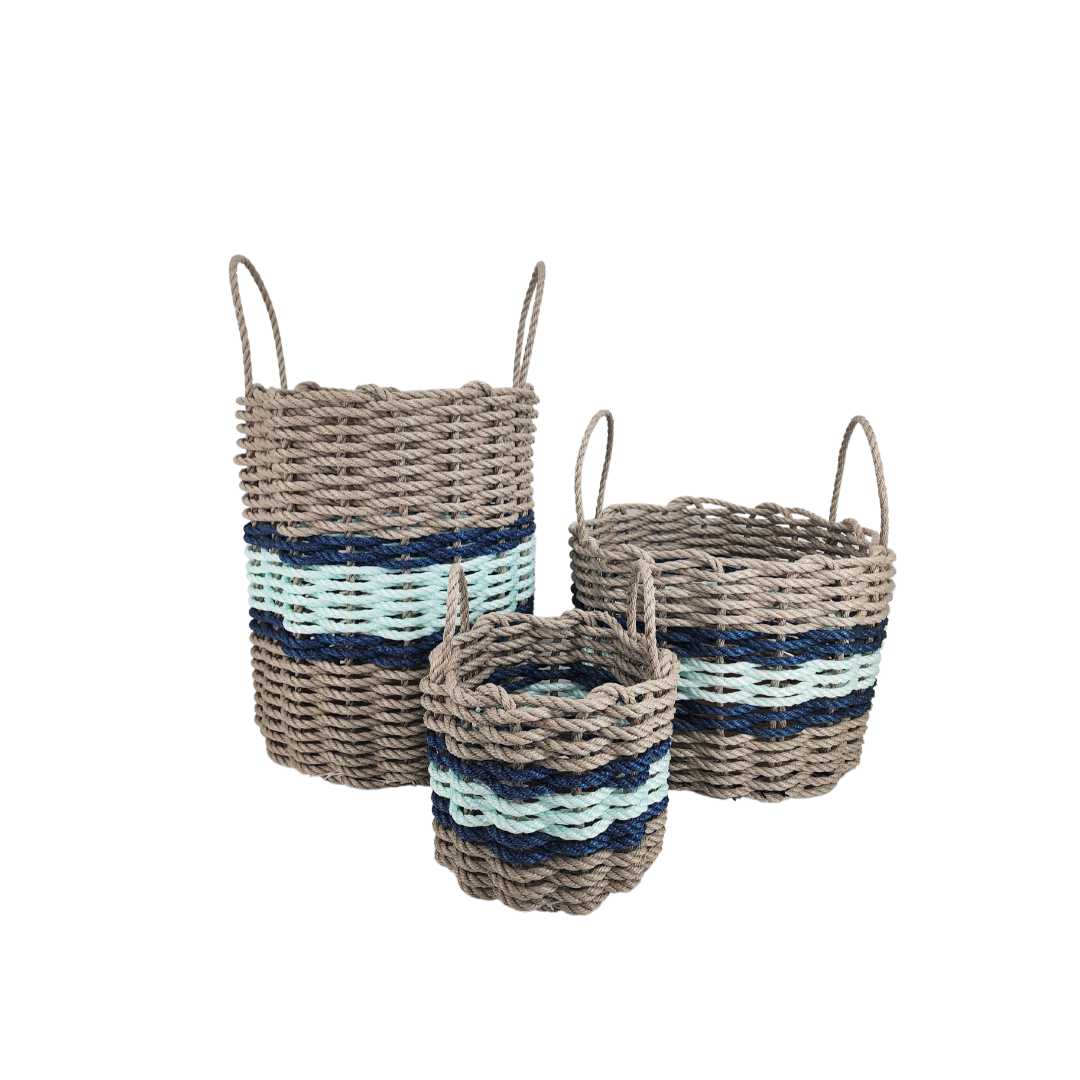 Lobster Rope Basket Tan and Seafoam, Navy Accents - Little Salty Rope