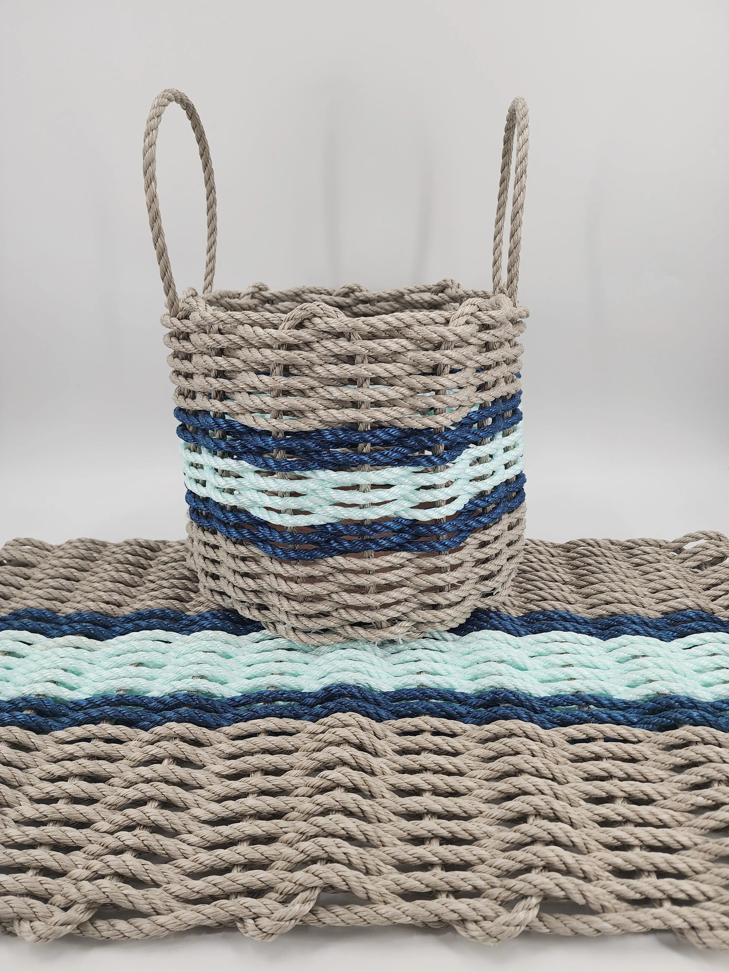 Lobster Rope Mat and Basket matching set TAN and SEAFOAM with accent c ...